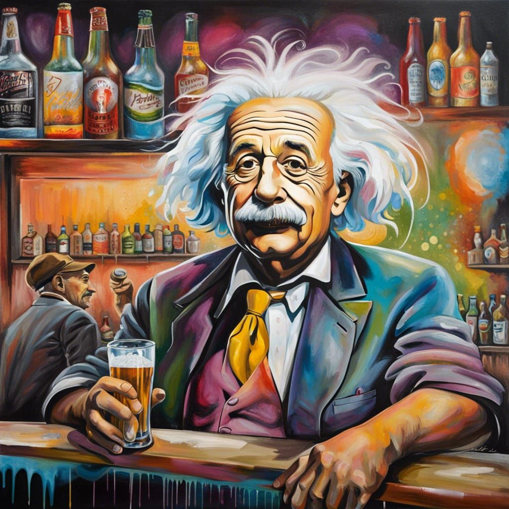 Portrait, Einstein, 2/3, sitting infront of a chicago style bar, year ...
