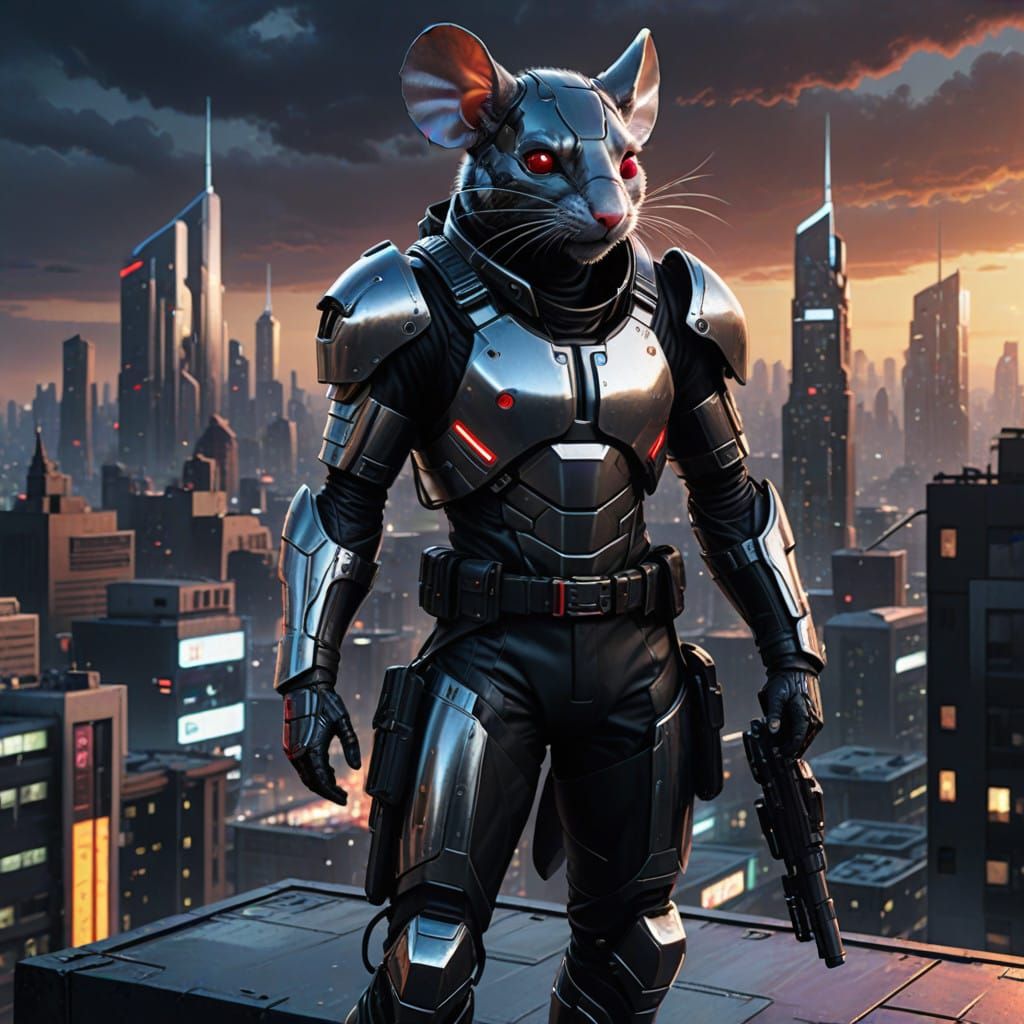 A realistic, full-body sci-fi armored mouse soldier, adorned with a ...