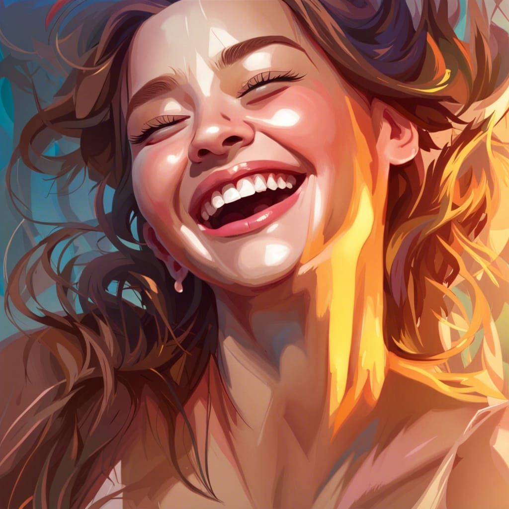 Stunningly beautiful woman laughing, overjoyed in ecstasy, head and shoulders portrait, 8k ...