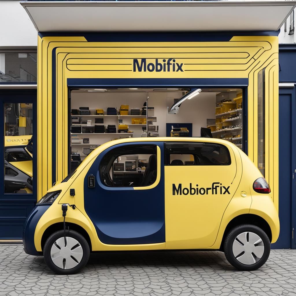 A large and beautiful shop called MOBIFIX, with an AMI electric Citroen ...