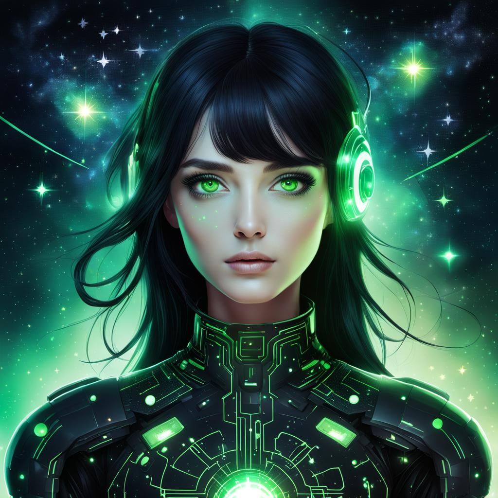 beautiful women of artificial intelligence with billowing black hair ...
