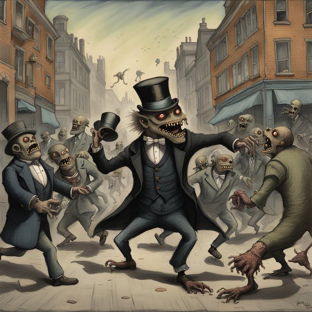 Disfigured monster, dressed in a top hat and formal wear, Violently ...