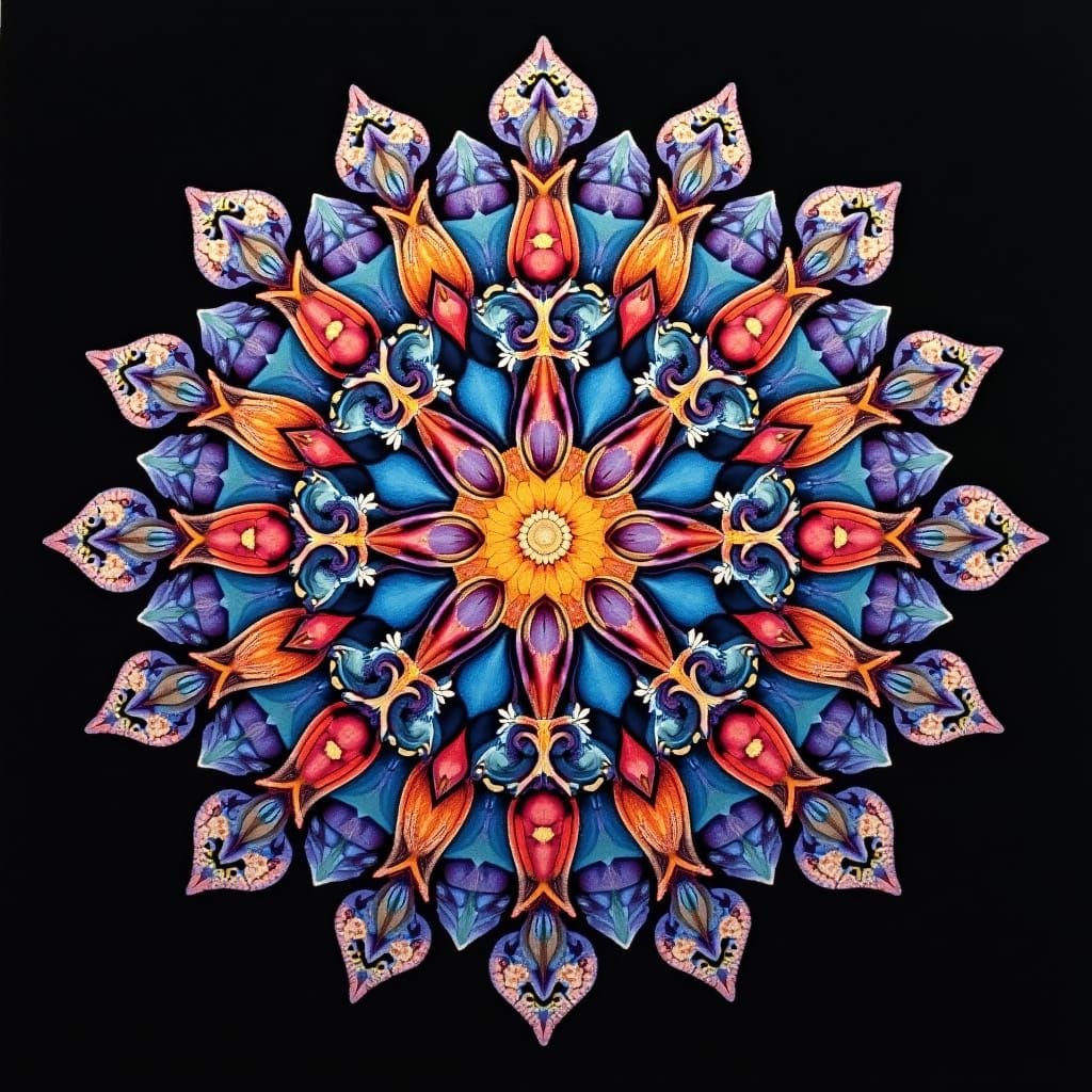 Symmetrical Mandala in Deep Black and Vibrant Colo... - AI Art