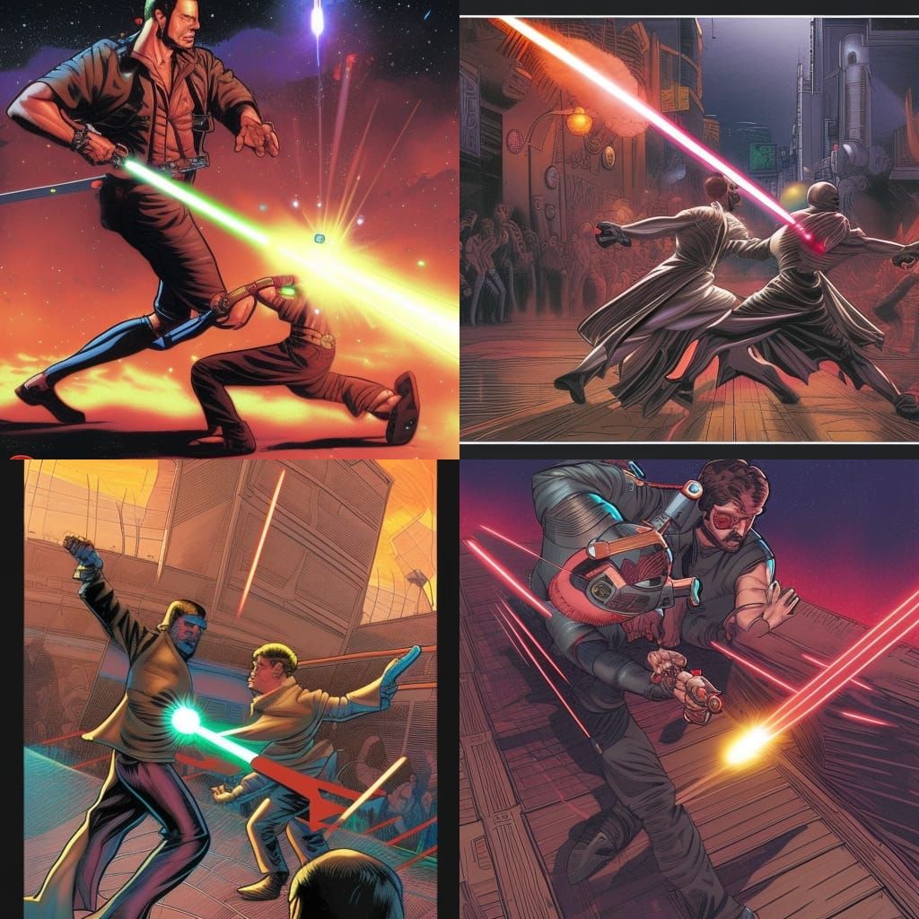 Two men fighting in a laser sword match while being spurred on by a ...