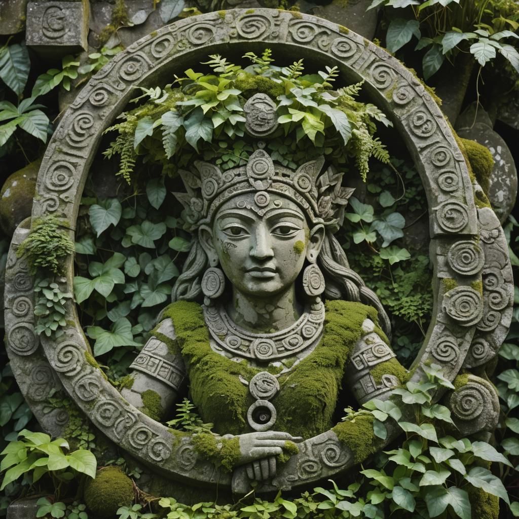 Ancient statue of an aztec moon goddess in stone covered with moss and ...
