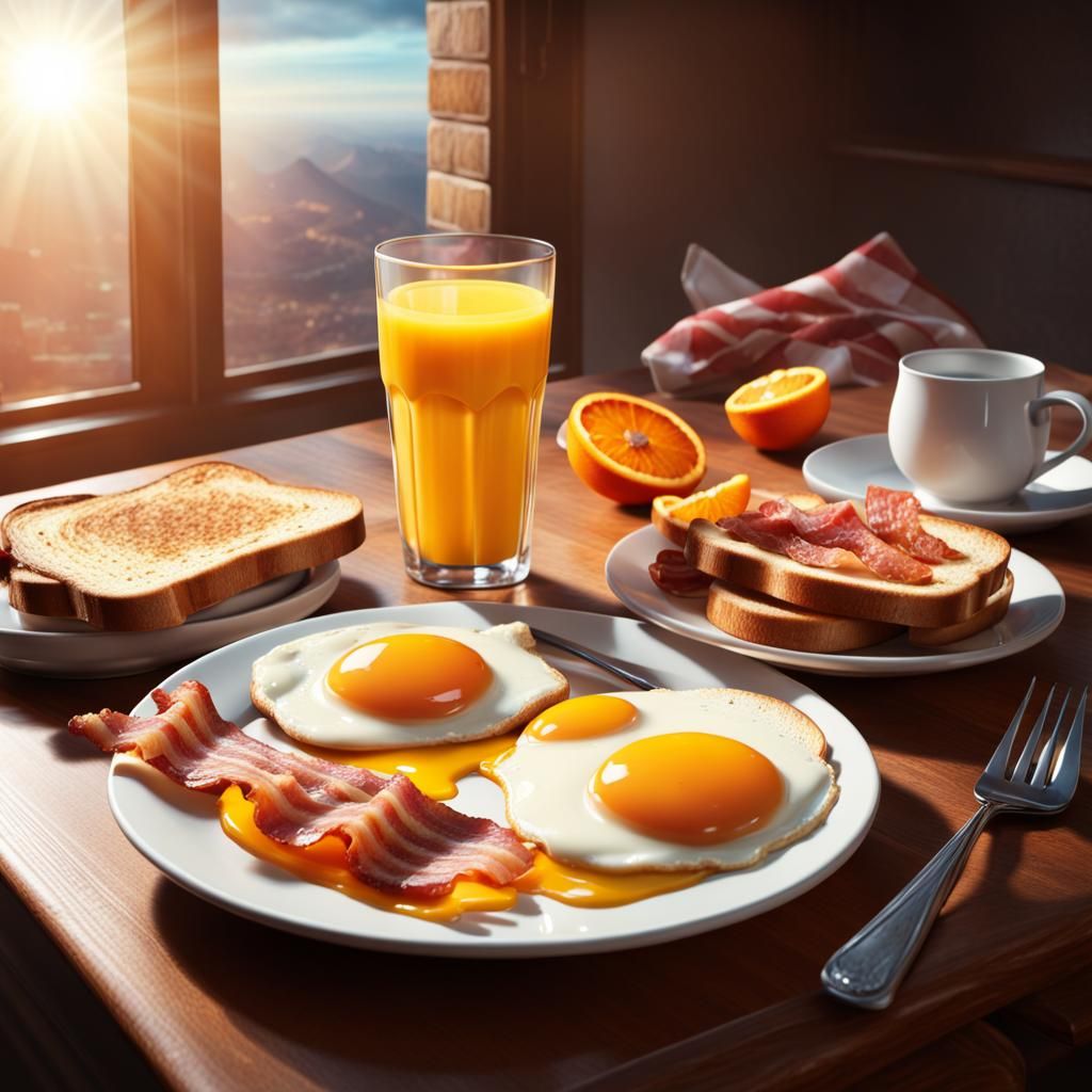 detailed gourmet breakfast, sunny side up eggs, bacon, toast, glass cup ...