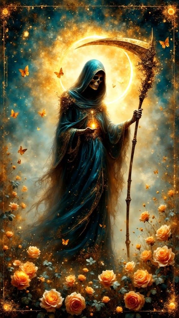 A luminous skeletal figure cloaked in a flowing robe of cosmic shadows ...