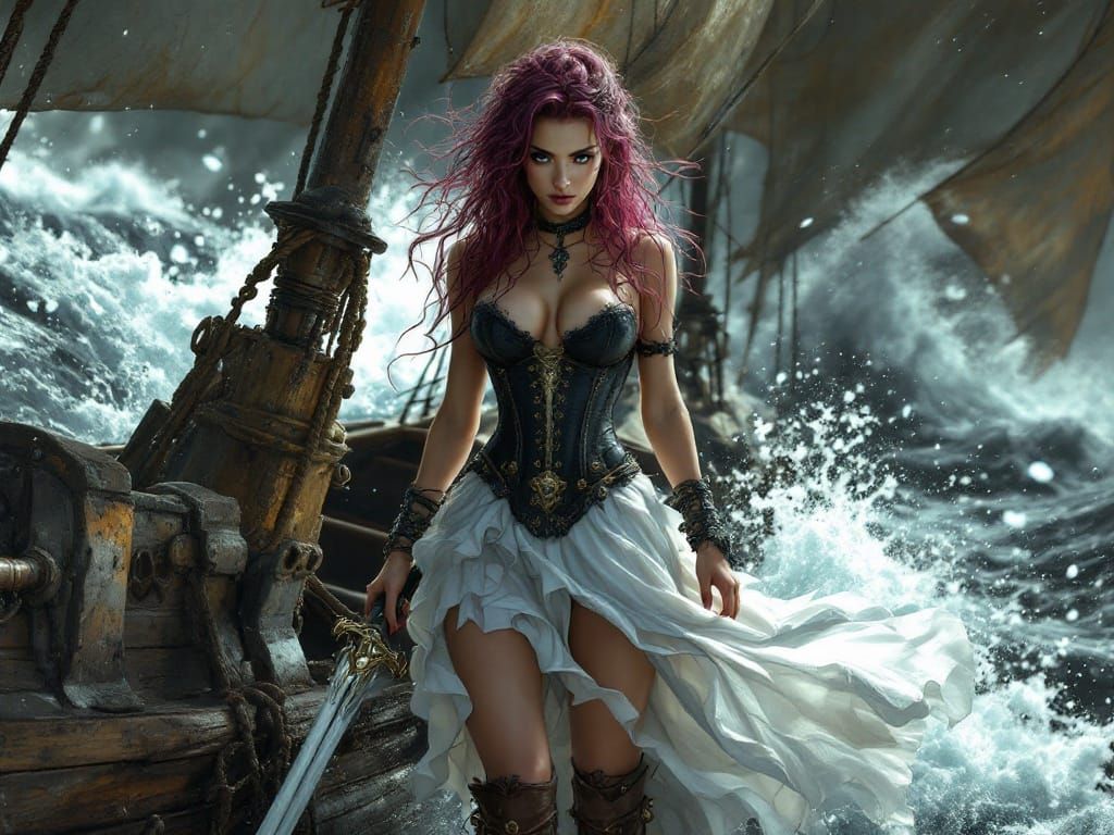 Ethereal Steampunk Goddess Riding the Stormy Seas - AI Art