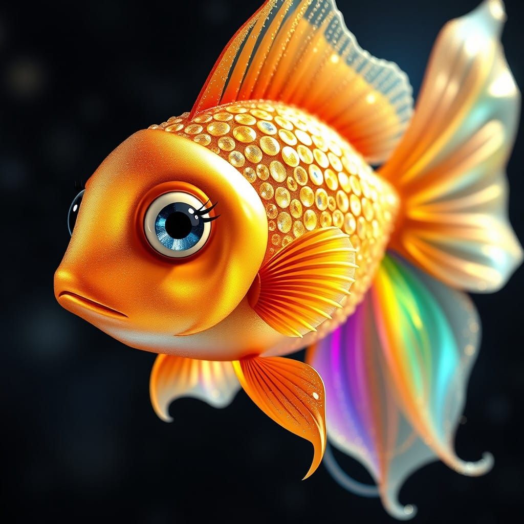 A very beautiful, very cute, very fluffy goldfish with big blue eyes ...