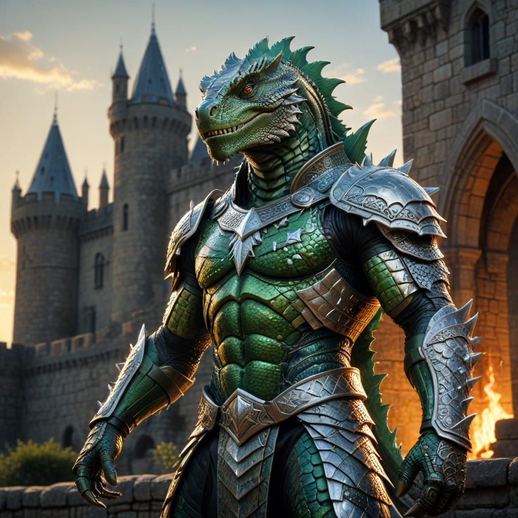 Epic Green Lizardman Warrior in Silver Armor - AI Art