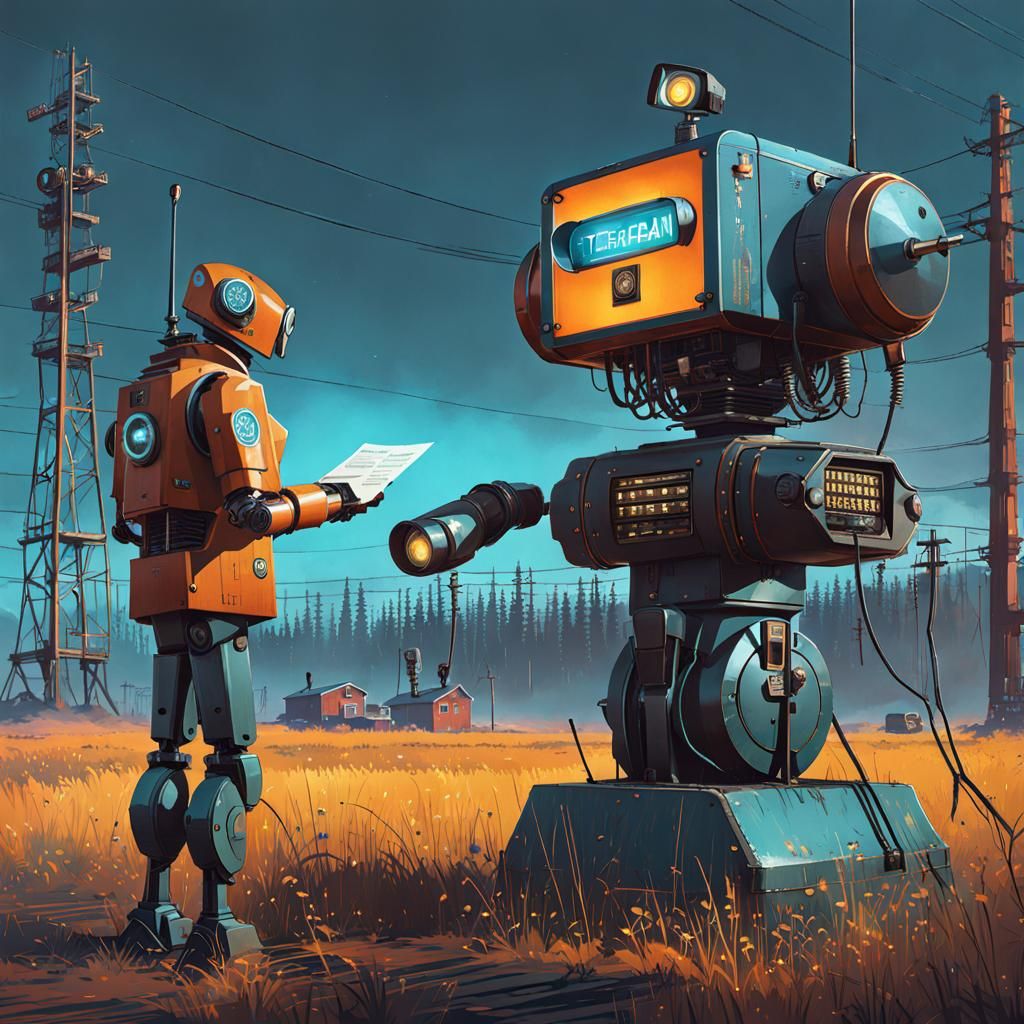 Robot using oldfashion telegram machine, simon stalenhag, i8K ...
