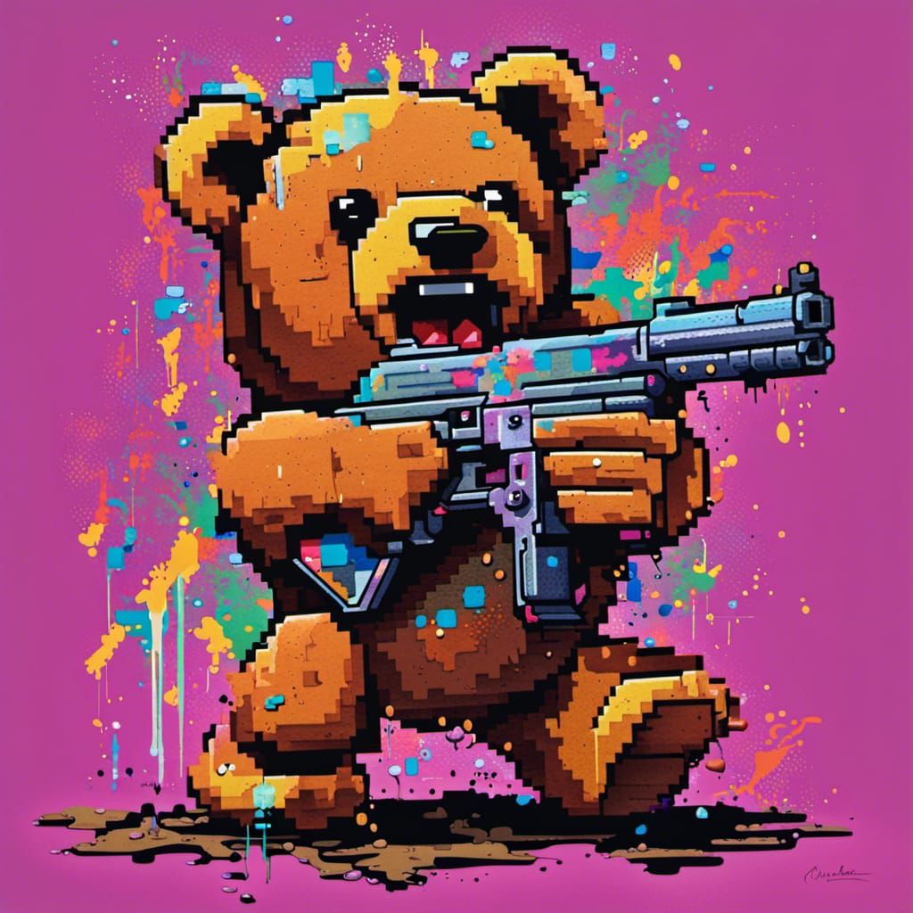 An 8-bit gun wielding, battle hardened teddy bear, shooting pixilated ...