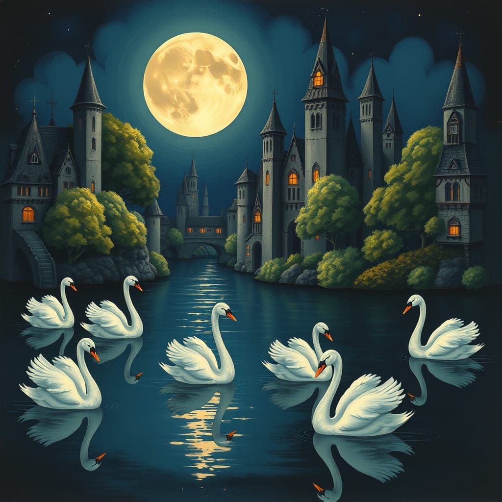 Seven Swans A-Swimming - Surrealist Swans in Whimsical Medie...