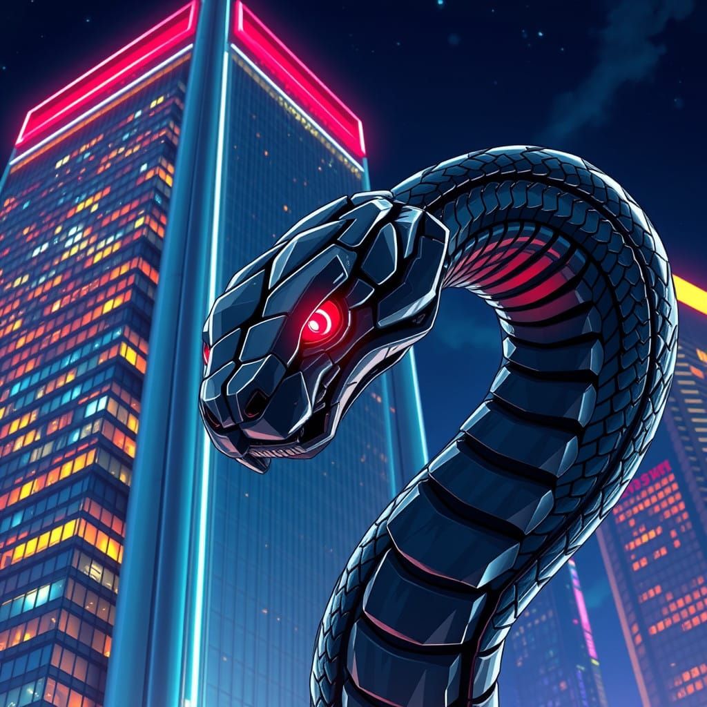 Mechanical Serpent in Neon-Lit Urban Landscape - AI Art