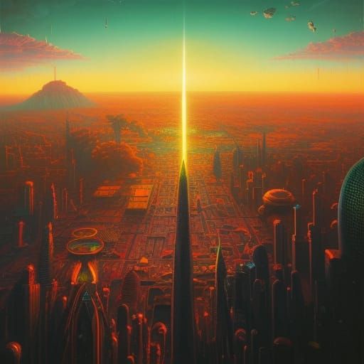 an image of a sprawling cityscape , kilian eng and thomas kinkade ...