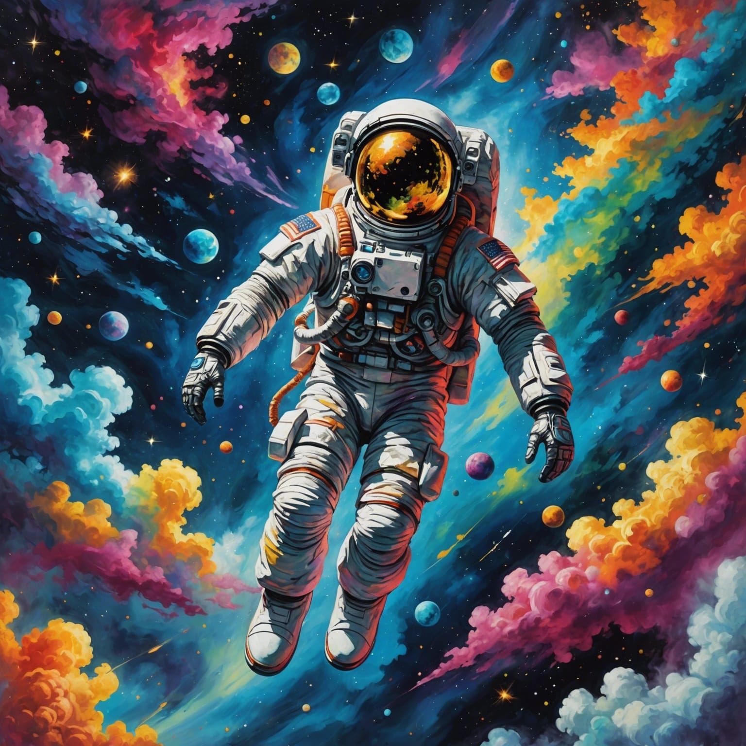 astronaut floating through a sea of stars, Massive clouds of colorfull ...