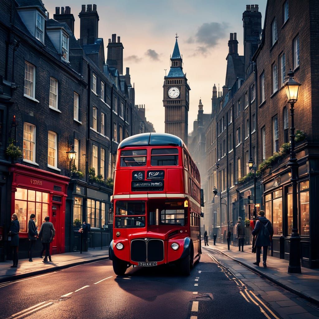 London street with one London buss - AI Art