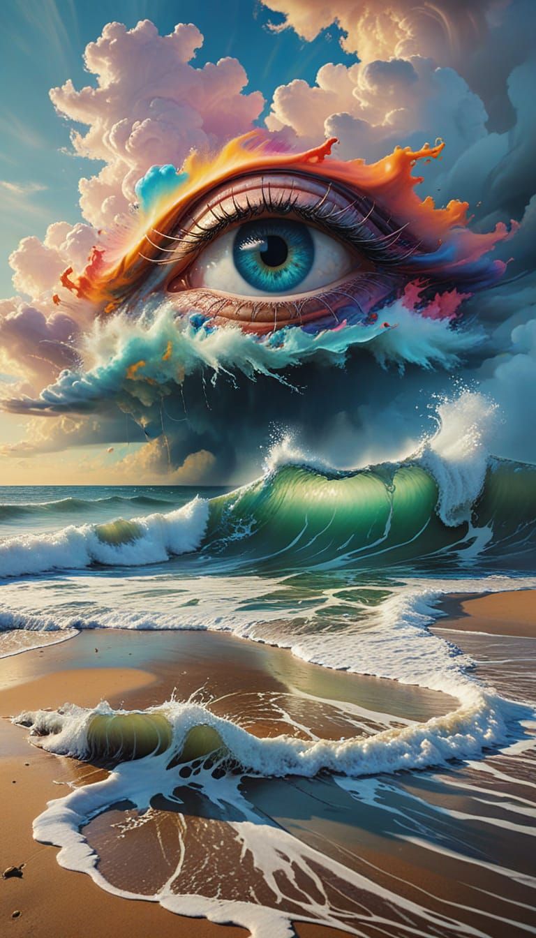 Surrealism. dripping paint. An eye in the clouds