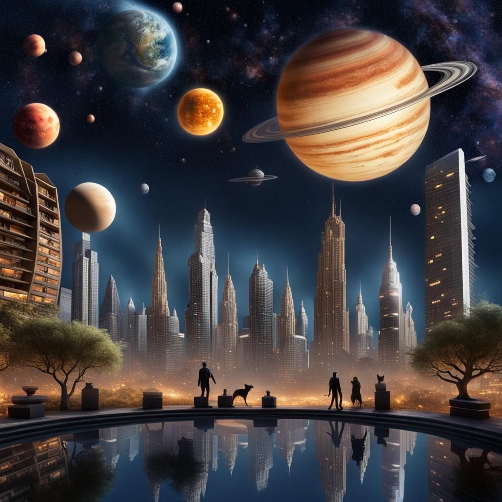 Photograph, A beautiful utopia with tall skyscrapers, mice mouse ...