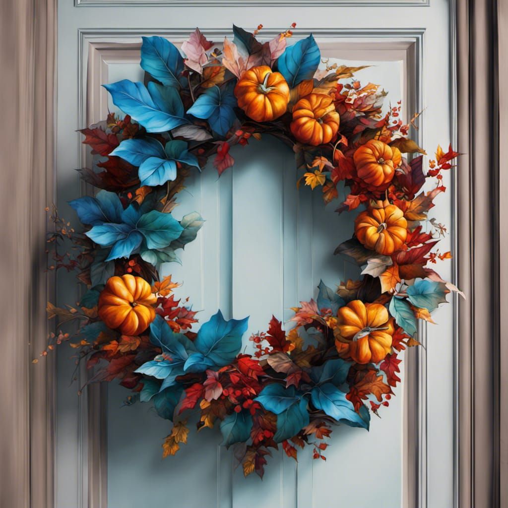 Fall wreath, blue leaves - AI Generated Artwork - NightCafe Creator