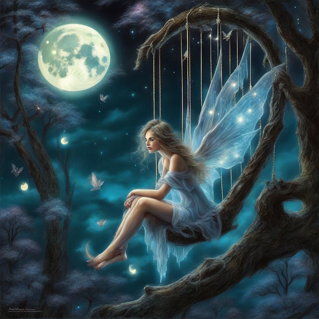 Moon shining , bioluminescent angels, fairies, vampires, swinging in ...