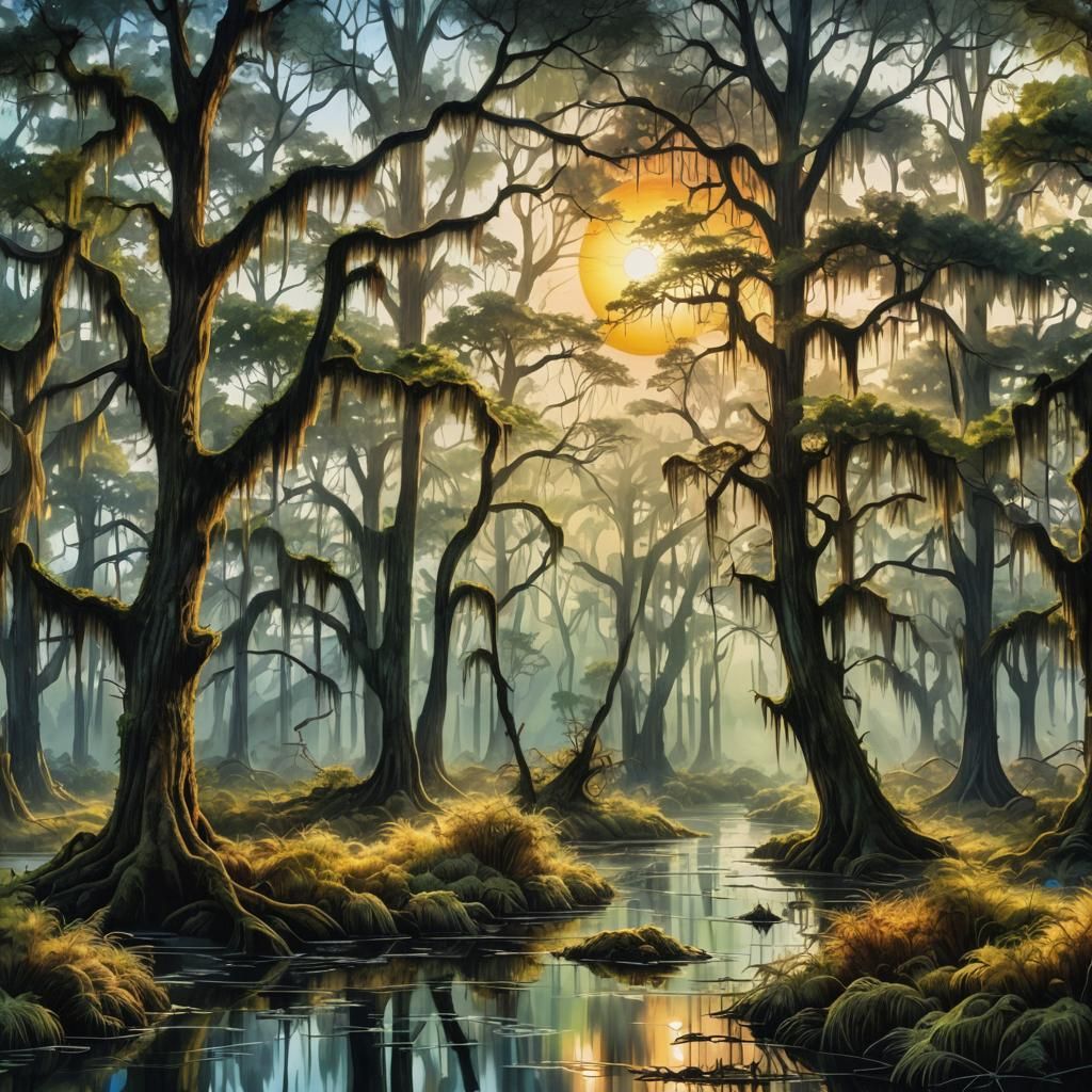 Morning in the Bayou - AI Generated Artwork - NightCafe Creator