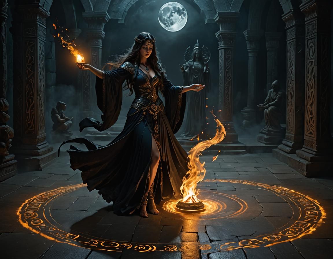 A sorceress conjuring elemental spirits in a moonlit chamber. - AI ...