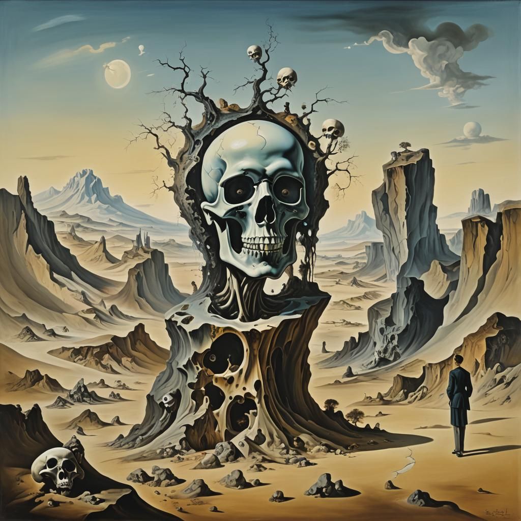 Salvador Dalí surrealist landscape with one man with skull head - AI ...