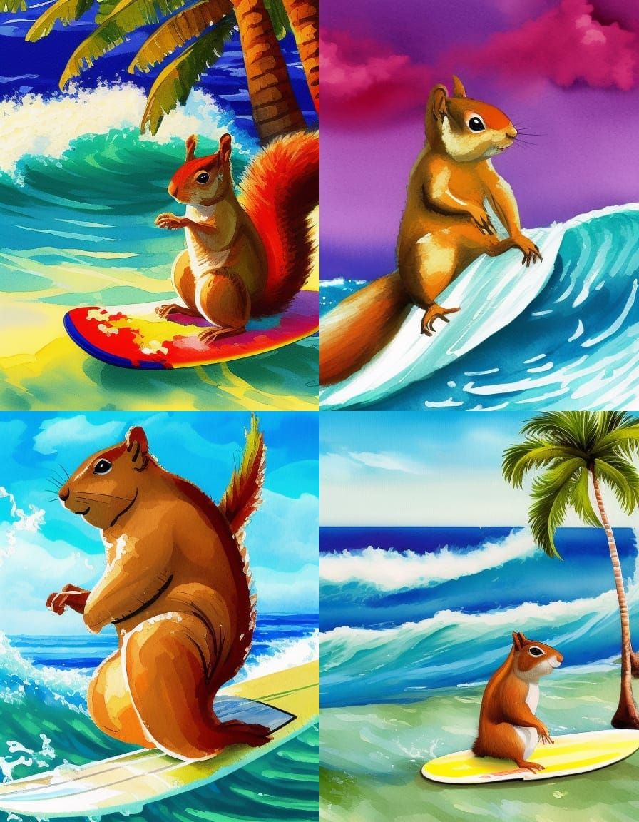 squirrel wearing Hawaiin shirt and shorts, riding a big wave on a surfboard in Hawaii, sunny ...
