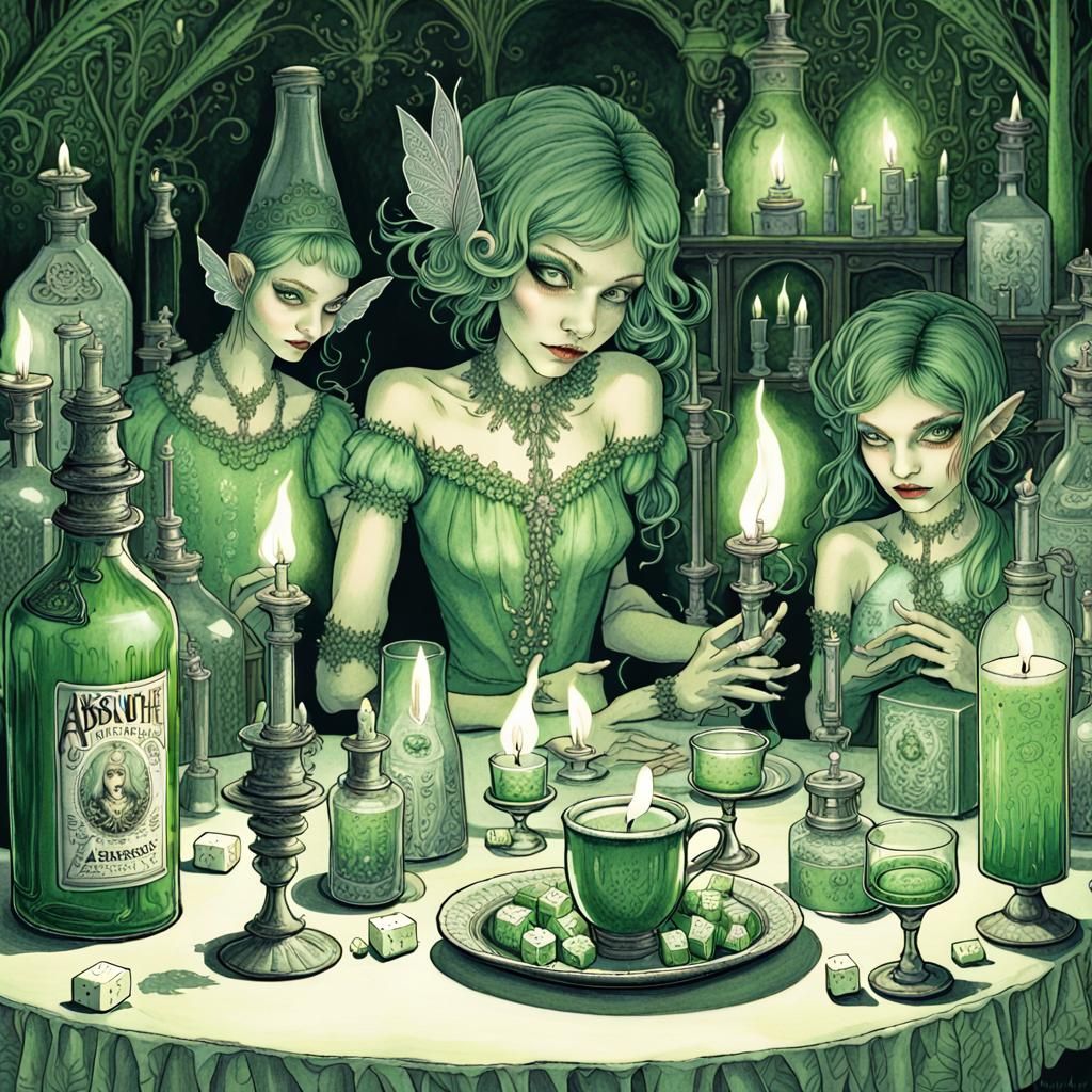 intricately detailed Storybook illustration, Green Fairy from the ...