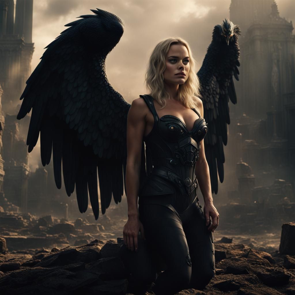 Margot Robbie kneeling as an black winged angel - AI Generated Artwork ...
