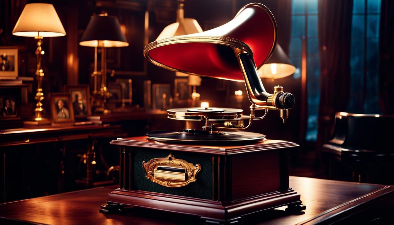 A vintage phonograph, playing music in a modern evening party, hyper ...