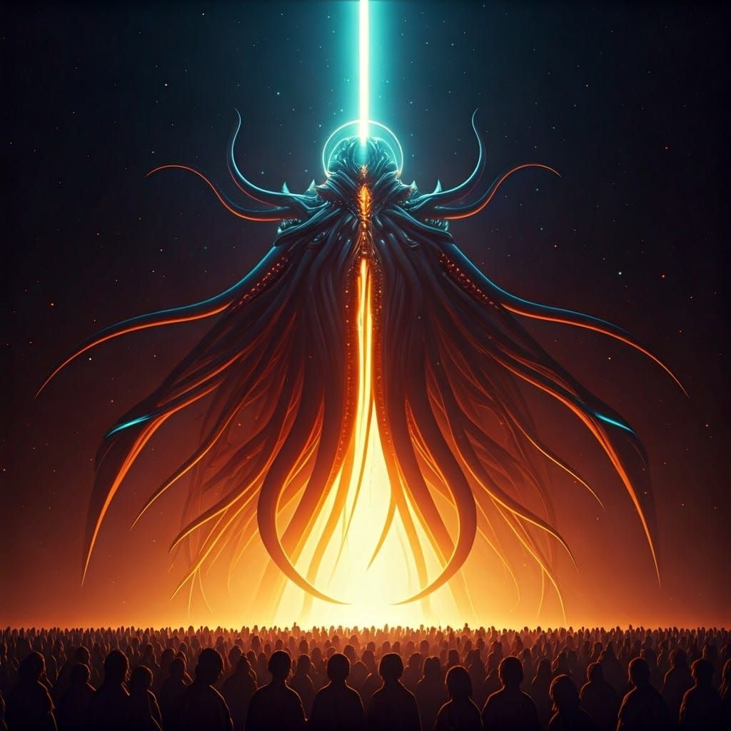An extraterrestrial god with tentacles floating above his followers ...