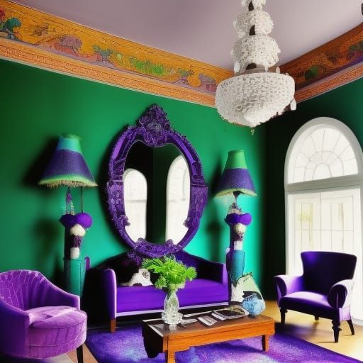 Eccentric whimsical living room with purple walls with cobalt blue ...