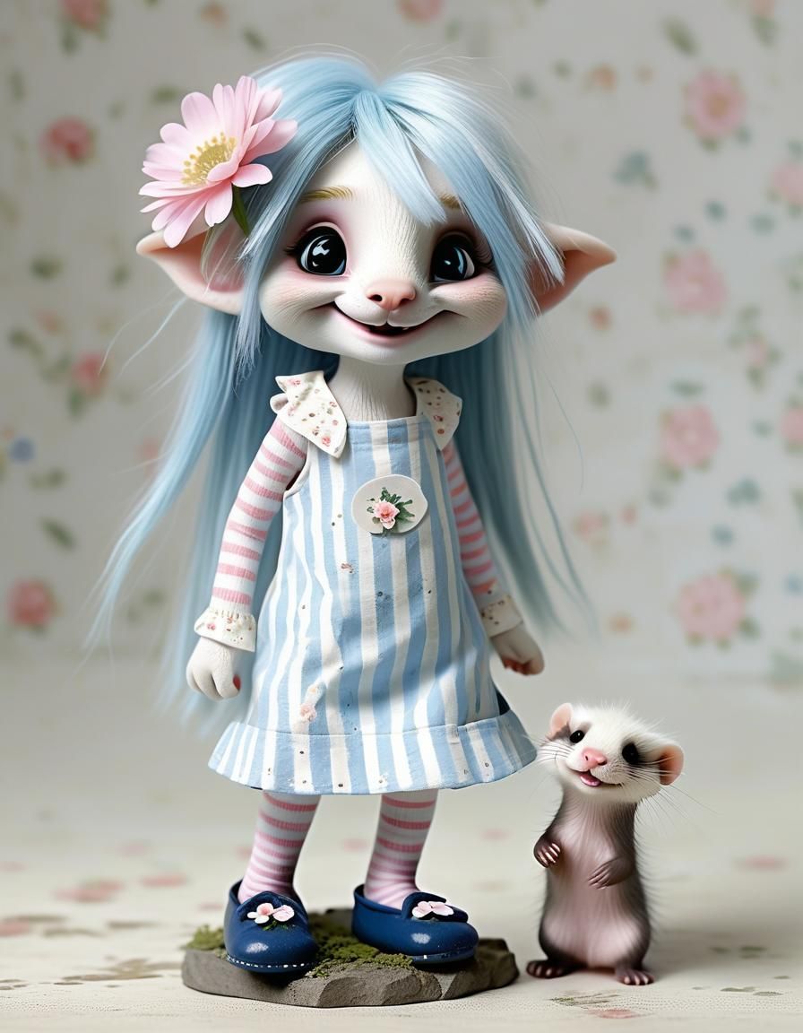 A silly little troll girl with long messy pale blue hair - AI Generated ...