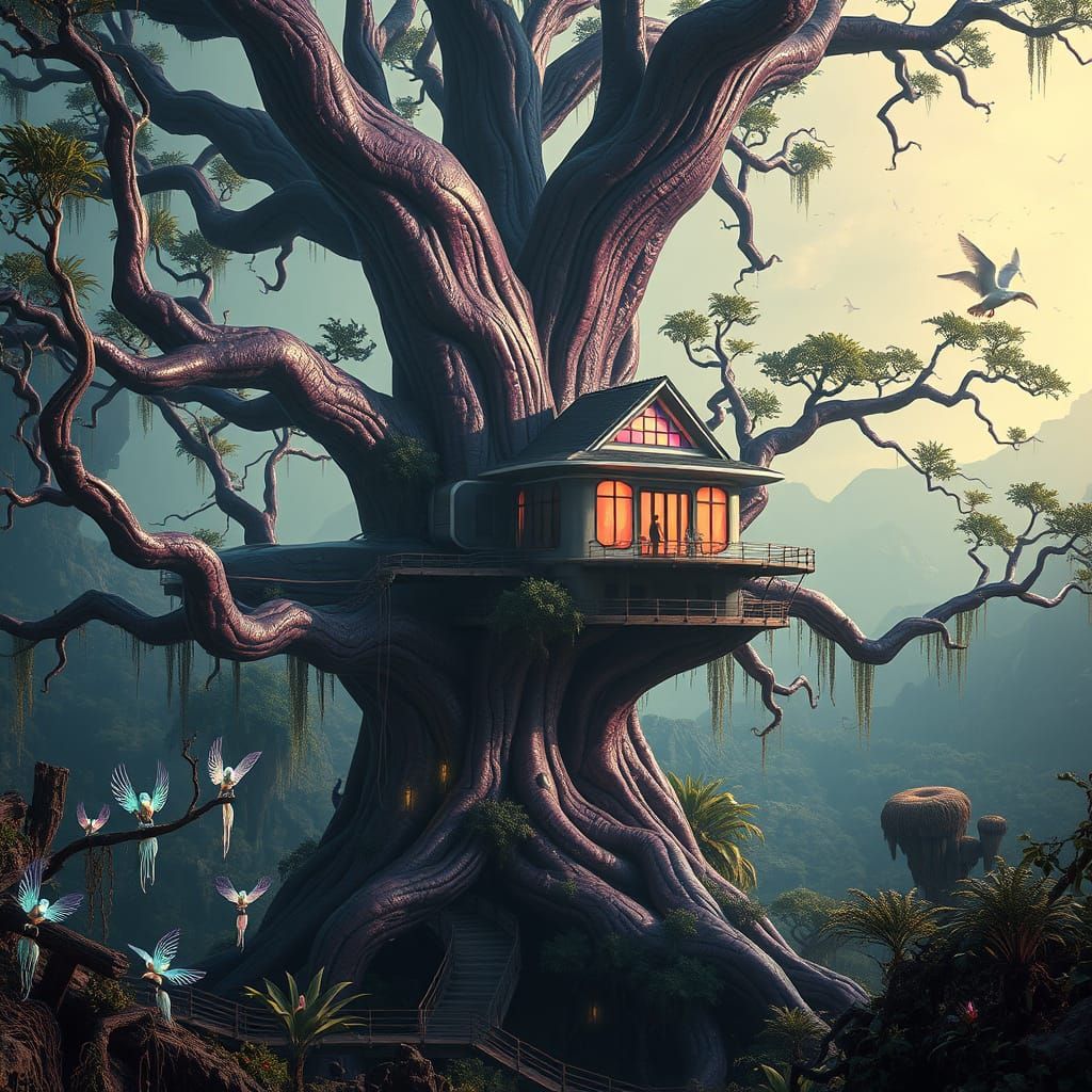 Epic Alien Treehouse in a Gargantuan Purple Tree o... - AI Art