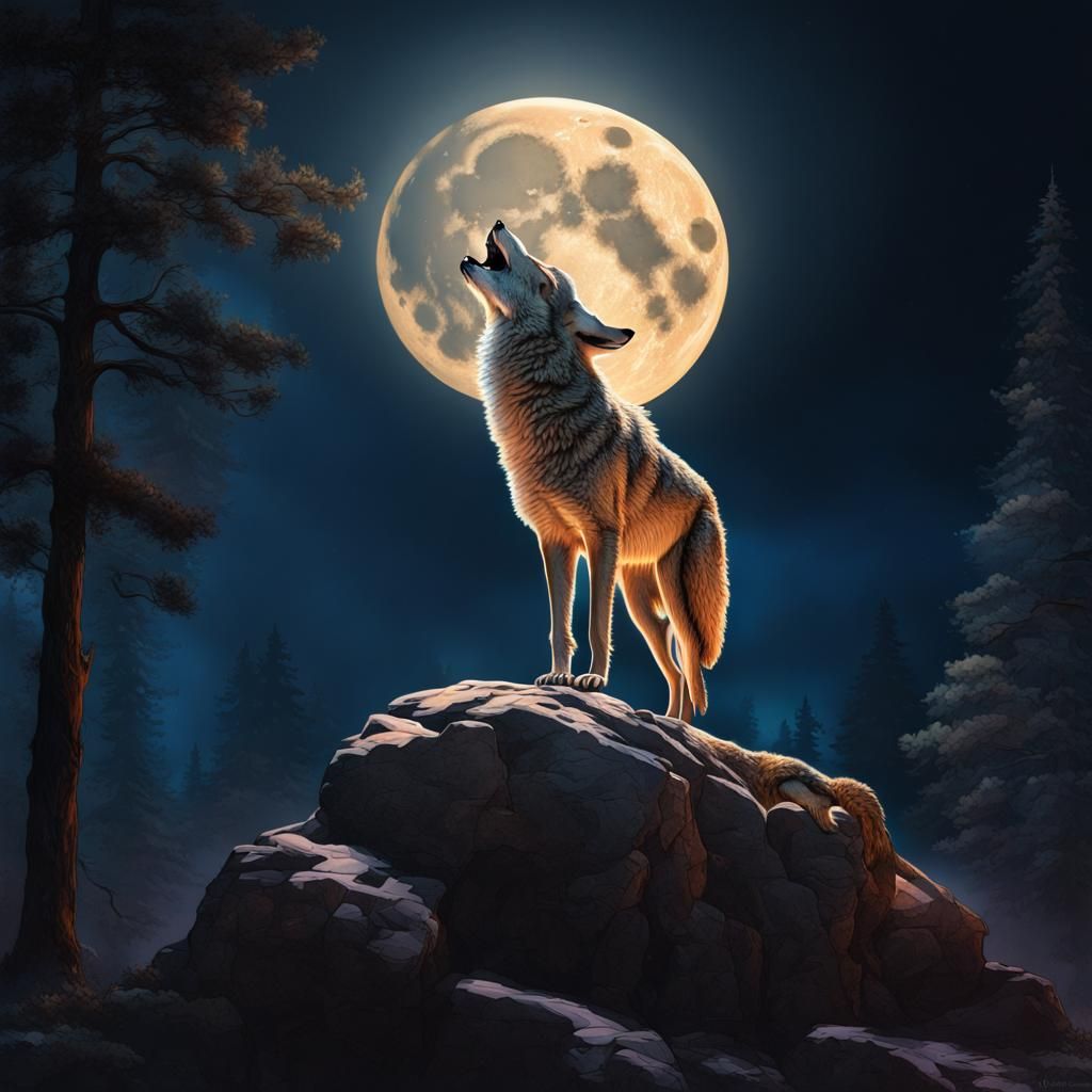 coyote howling at the moon on top of a big big rock in the woods at ...
