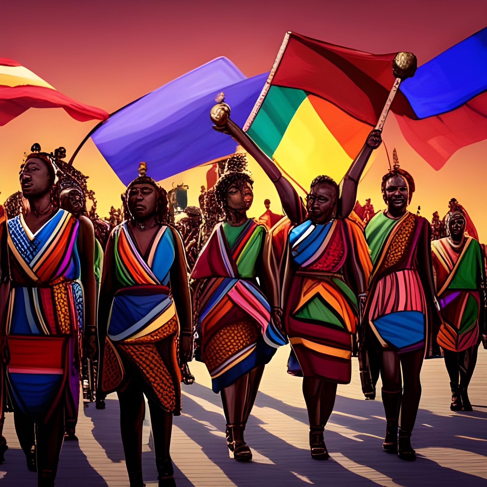 A pride march in Africa. The marchers are holding flags and signs with ...