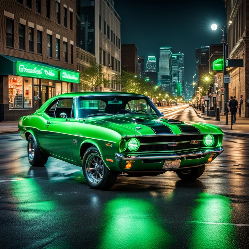 A classic muscle car with green neon underglow cruising through a ...