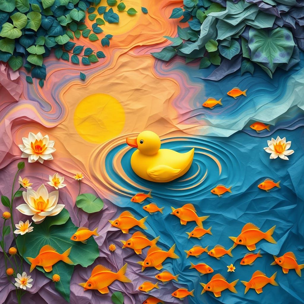 Abstract paper art depicting a rubber duck swimming in a goldfish pond ...