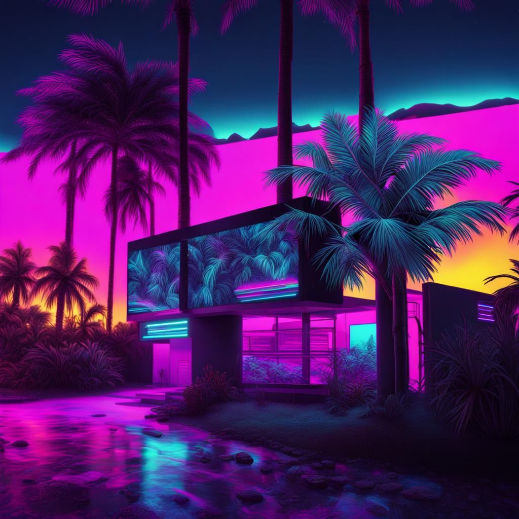 Neon electric blacklight vaporwave, Mac computer, zebra, palm trees ...