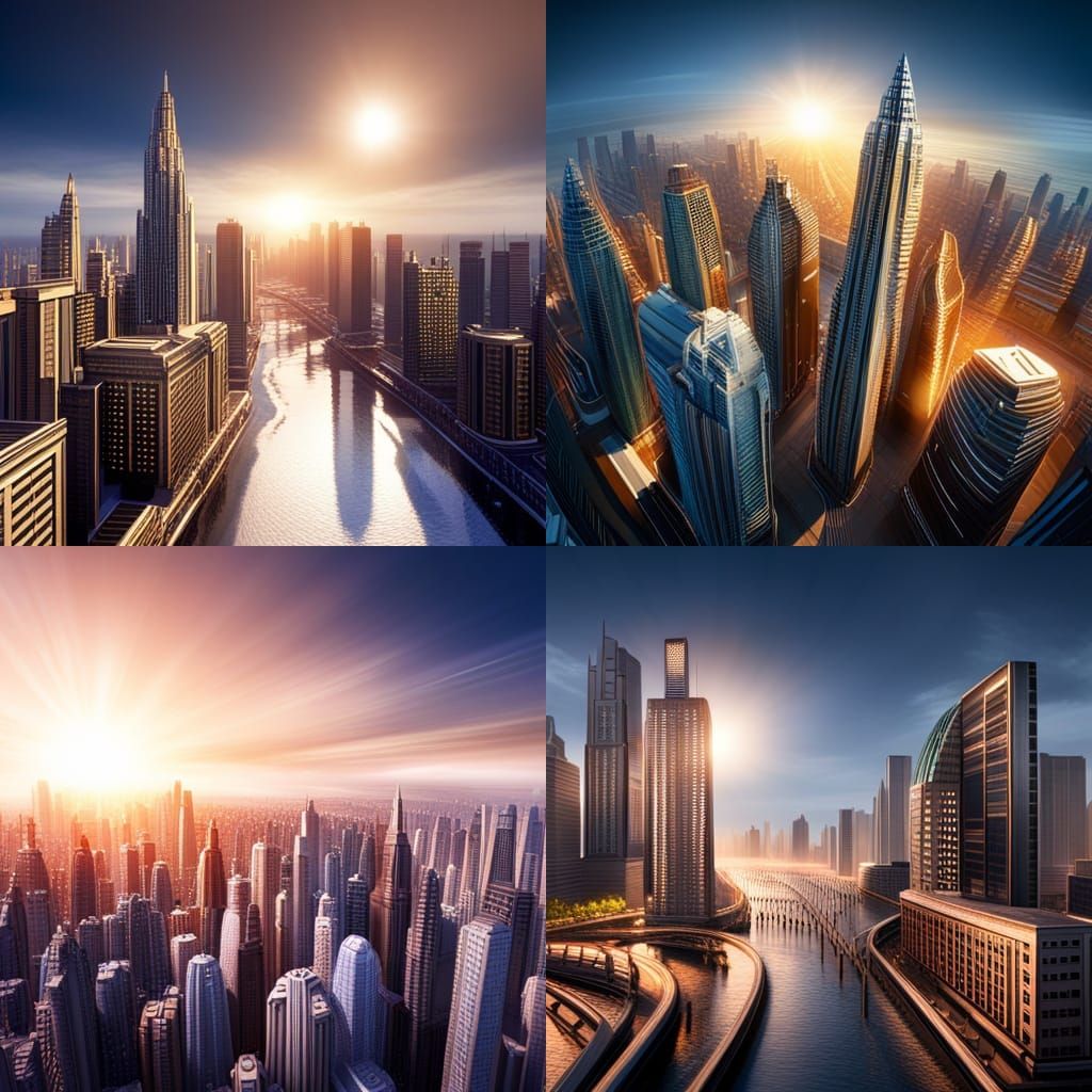 High-quality intricate detail of a futuristic cityscape bright sunshine ...