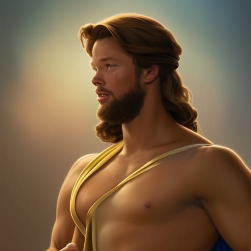 Patrick Schwarzenegger as Hercules from Disney's Hercules in a tan toga ...