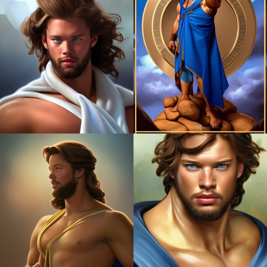 Patrick Schwarzenegger as Hercules from Disney's Hercules in a tan toga with a blue cape - AI ...