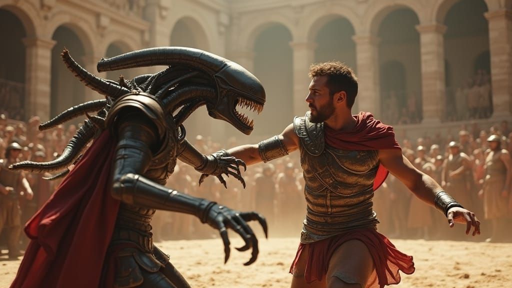 Roman human gladiator in the coliseum fighting an Alien ...