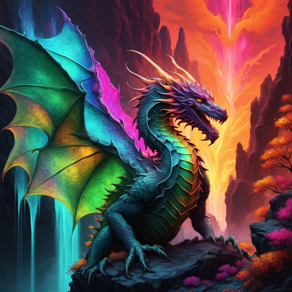 A psychedelic, infernal forge where a floating island of molten, neon ...