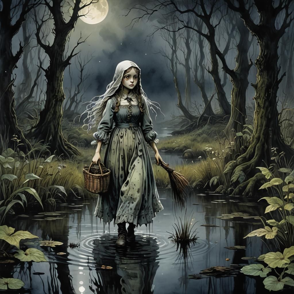 Wet ghost girl walking out of a dark swamp, watercolors, wet brush ...