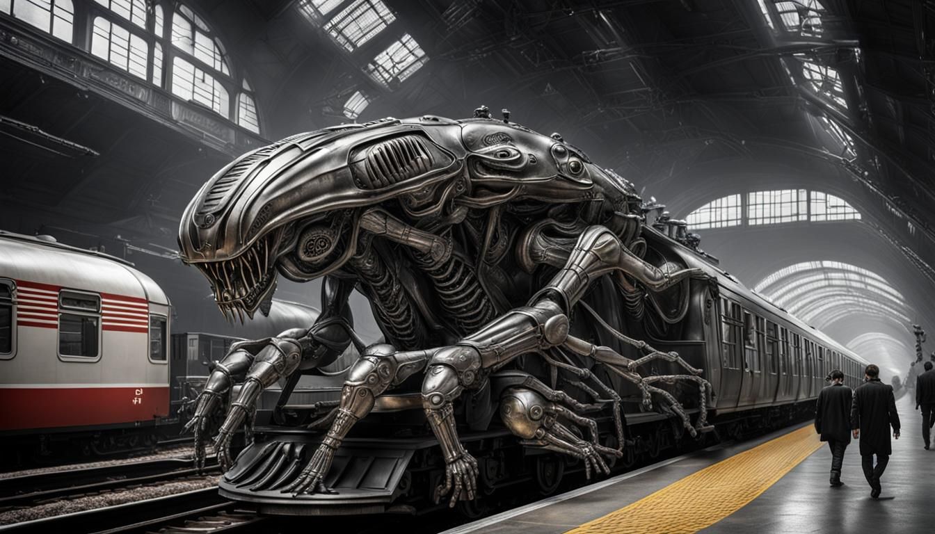 Insectoid train arrives at station - Giger version evolved - AI ...