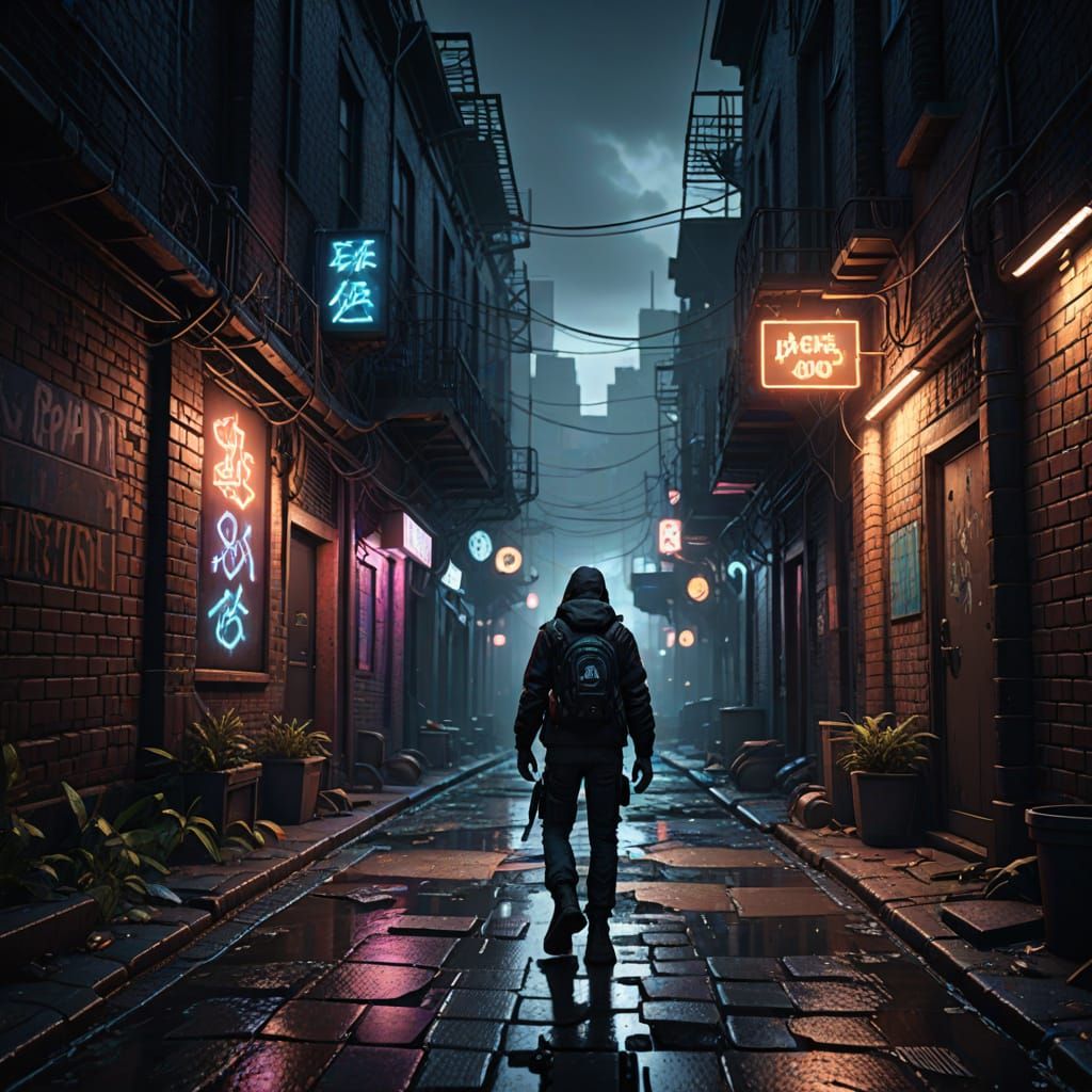 a sketchy alley way - Dark Alleyway in Neon-Lit Urban Landsc...