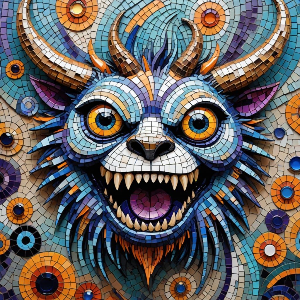 Vibrant Mosaic Monster in Warm Golden Light - AI Art